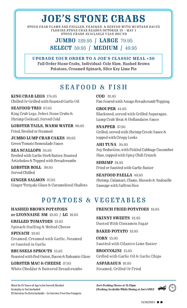 Joe's Stone Crab Menu
