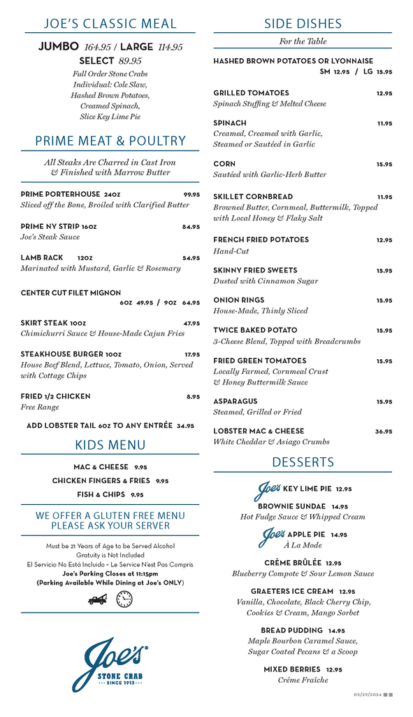 Joe's Stone Crab Menu